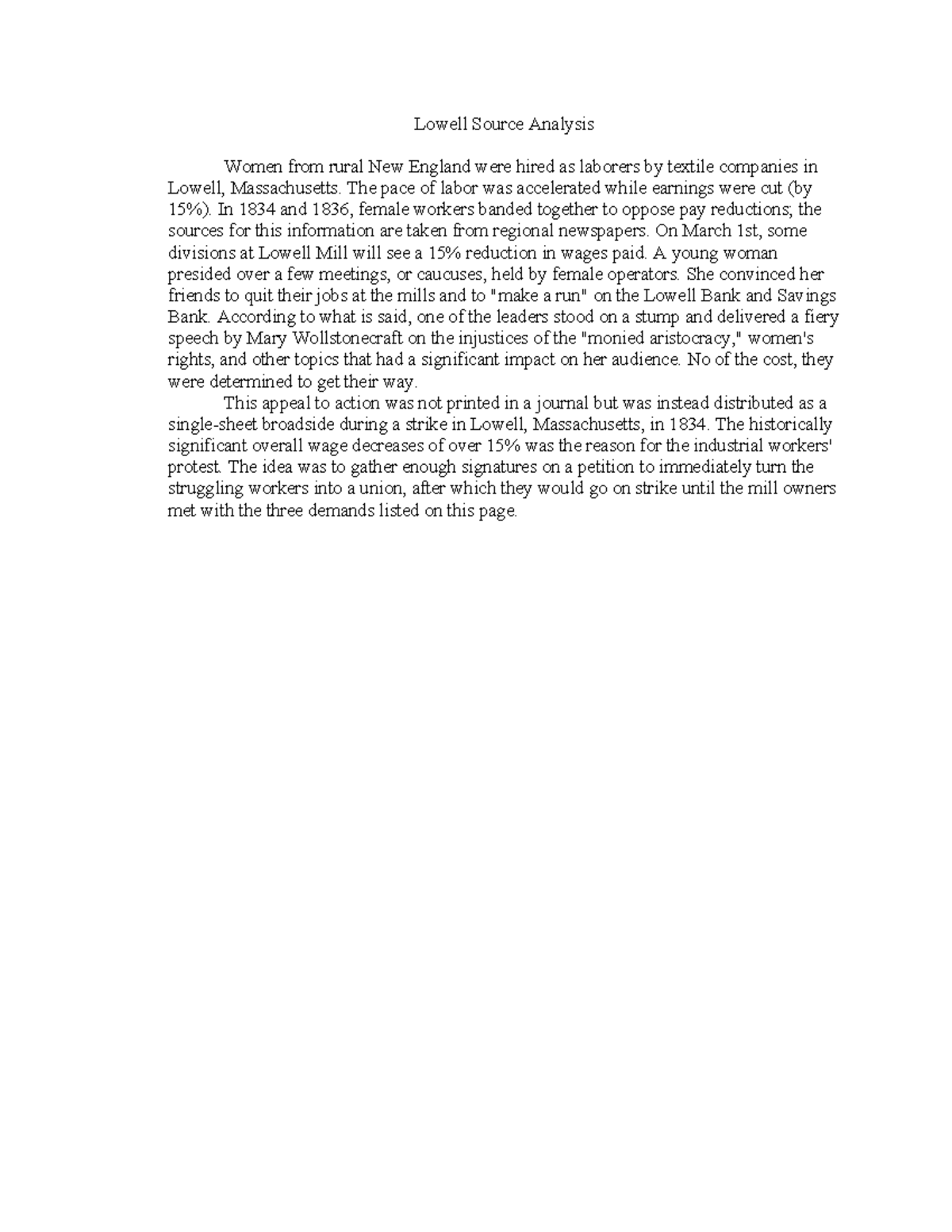 Lowell Source Analysis - Lowell Source Analysis Women from rural New ...