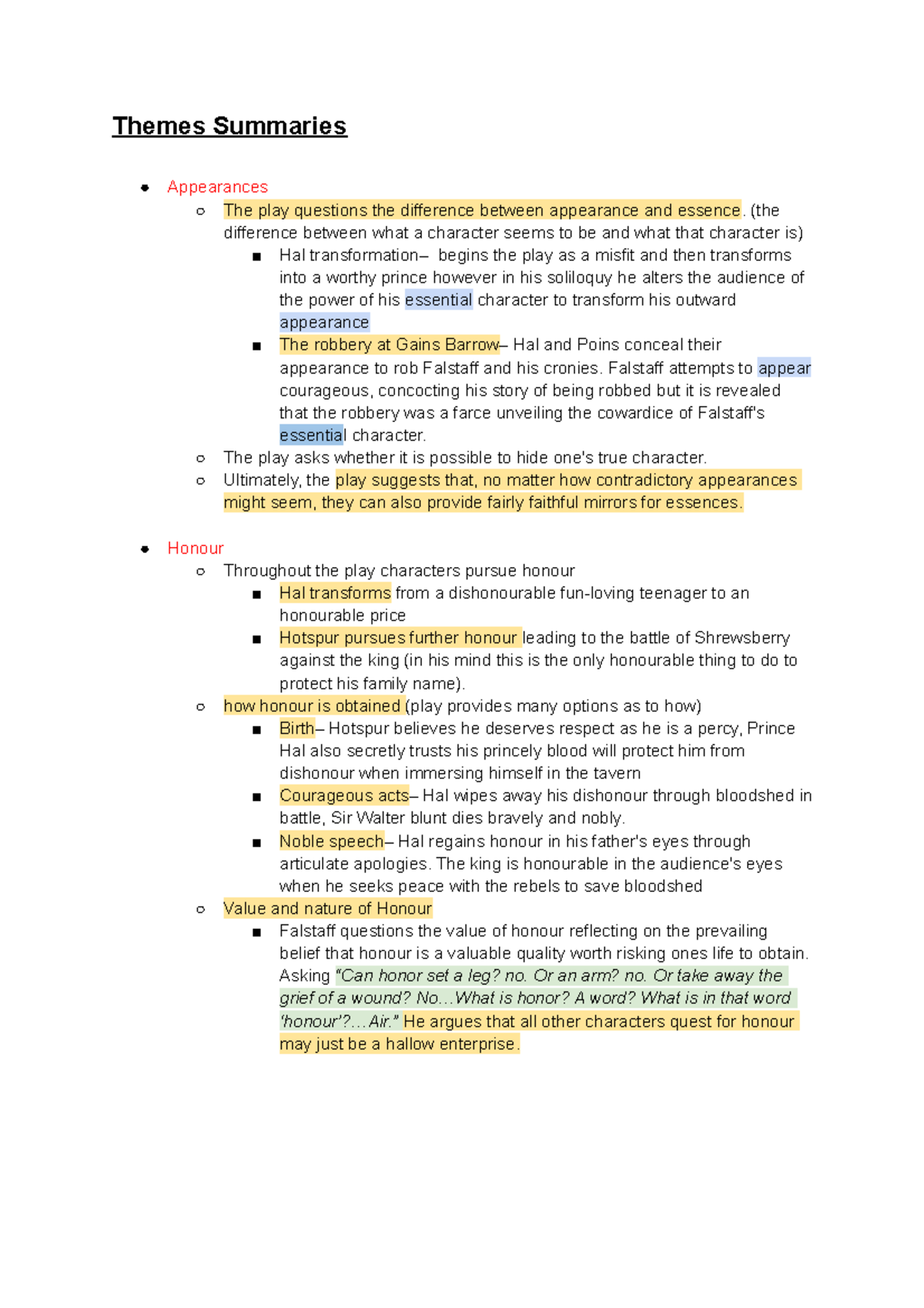 Henry Quote table - Themes Summaries Appearances The play questions the ...