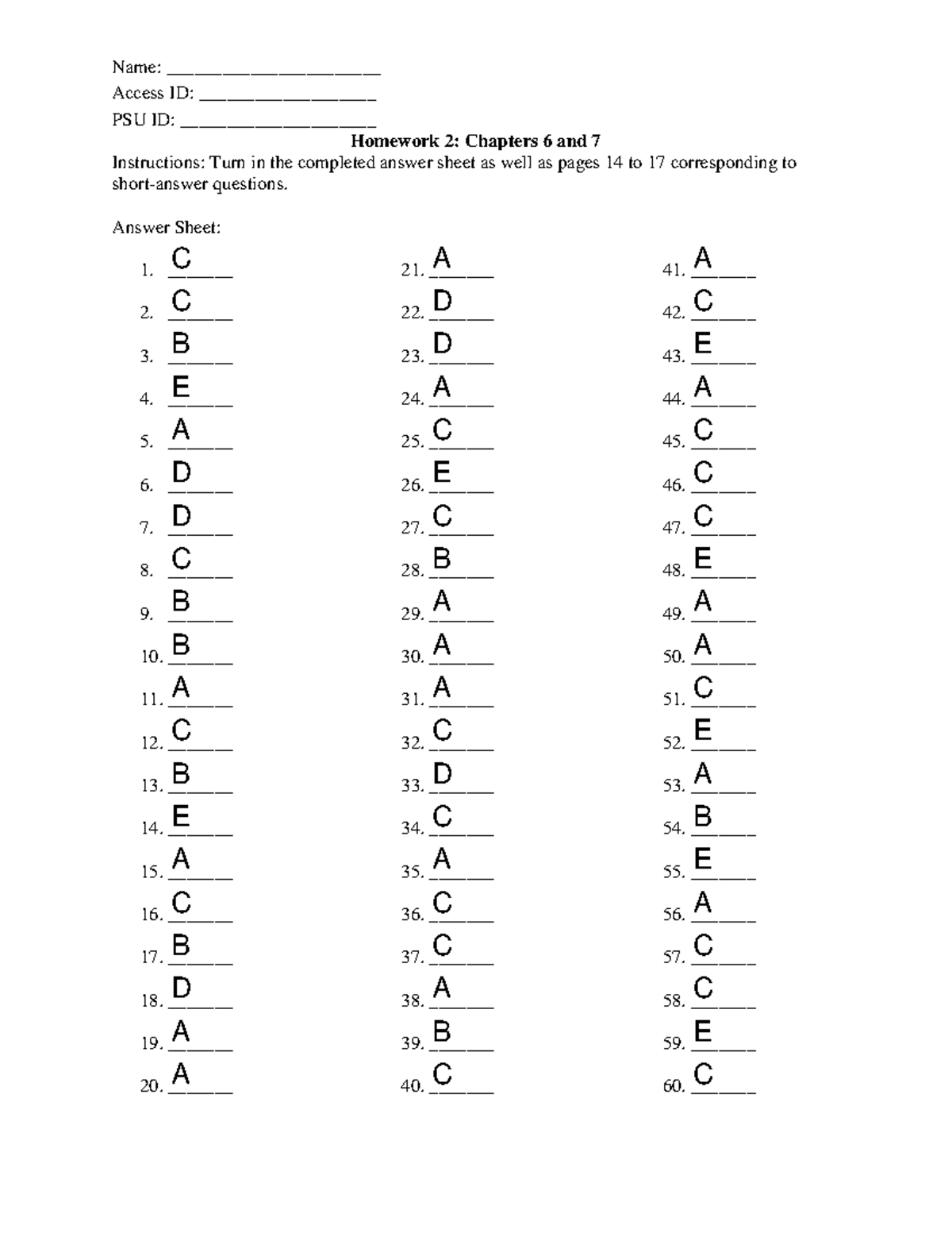 Homework 02 Key - Access ID: ___________________ PSU ID ...