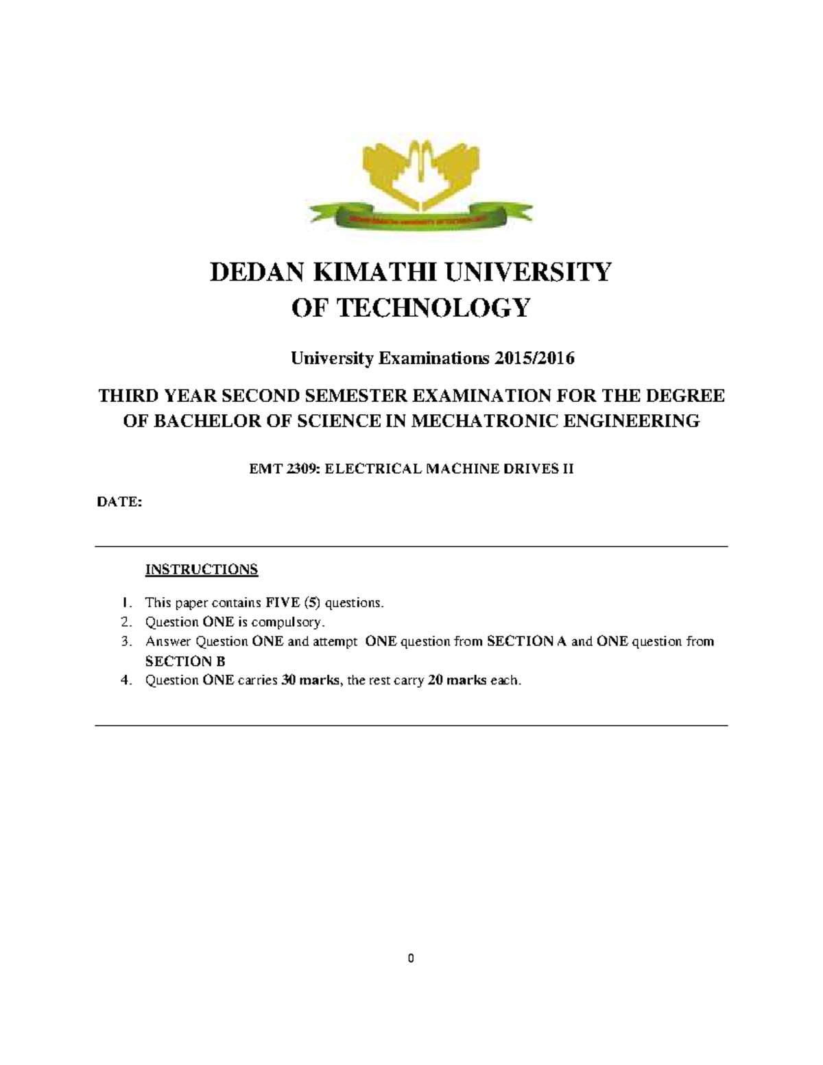 EMT 2309 Electrical Machine Drives II - Copy - DEDAN KIMATHI UNIVERSITY OF TECHNOLOGY University ...