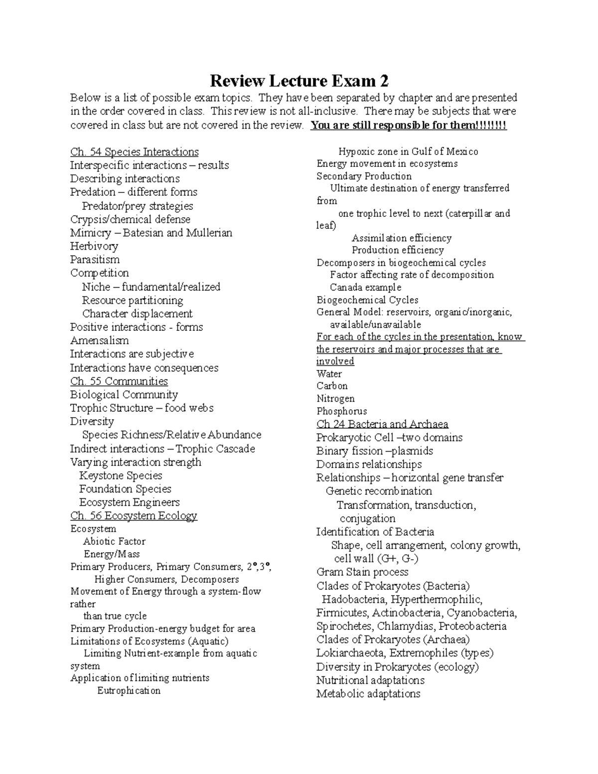 Review Lecture Exam 2 Online - Review Lecture Exam 2 Below is a list of ...