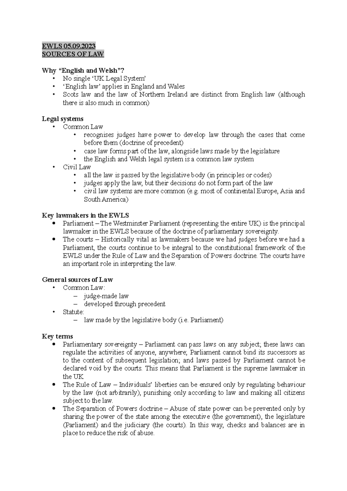 EWLS - Summative exam result: 87% - EWLS 05. SOURCES OF LAW Why ...