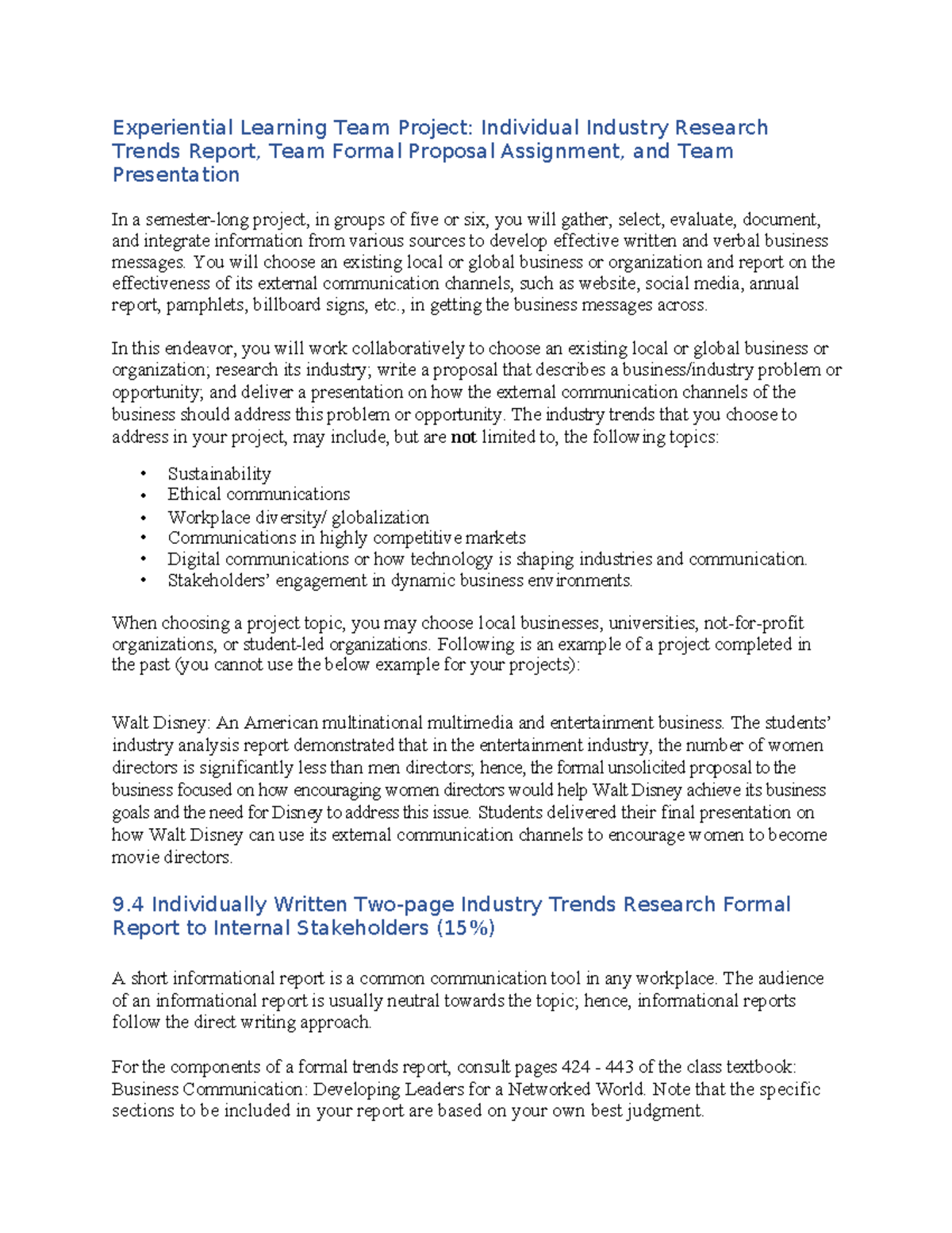 2 Page Report Instructions - Experiential Learning Team Project ...