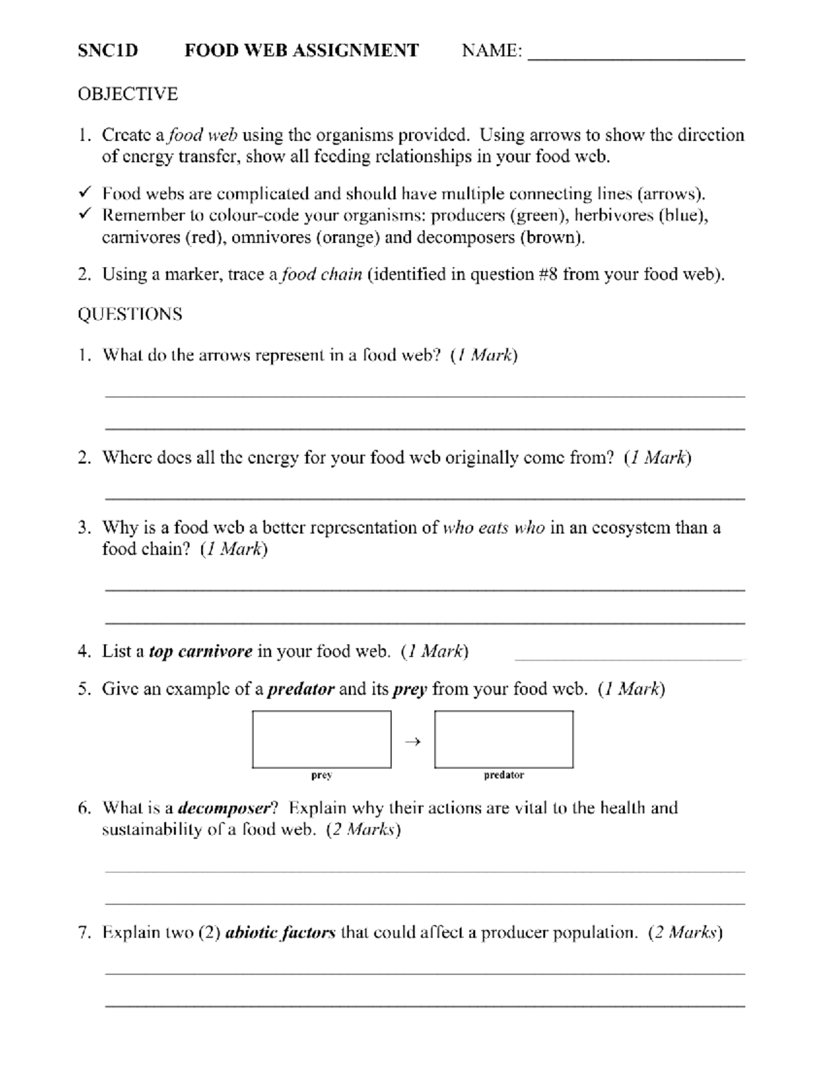 Attachment PDF Food Web Assignment shows the food chain relationships ...