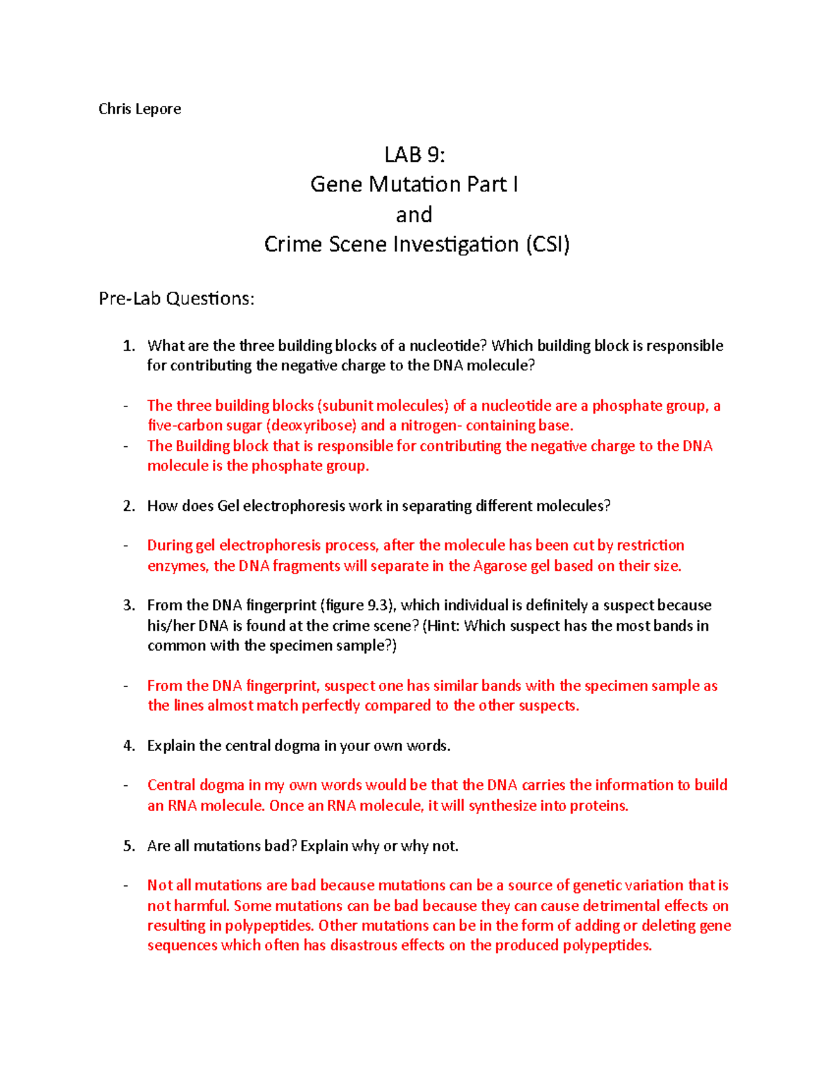 Bio1010 Lab 9 And Lab 10 Both Lab 9 And 10 Questions And Answers Chris Lepore Lab 9 Gene 6012