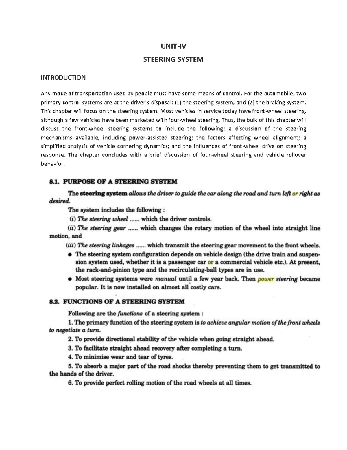 Aeunit-4 - First year student - UNIT-IV STEERING SYSTEM INTRODUCTION ...