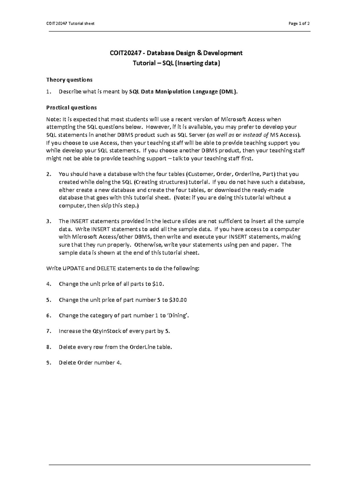 COIT20247 Tutorial SQL Inserting - COIT20247 Tutorial sheet Page 1 of 2 - Studocu