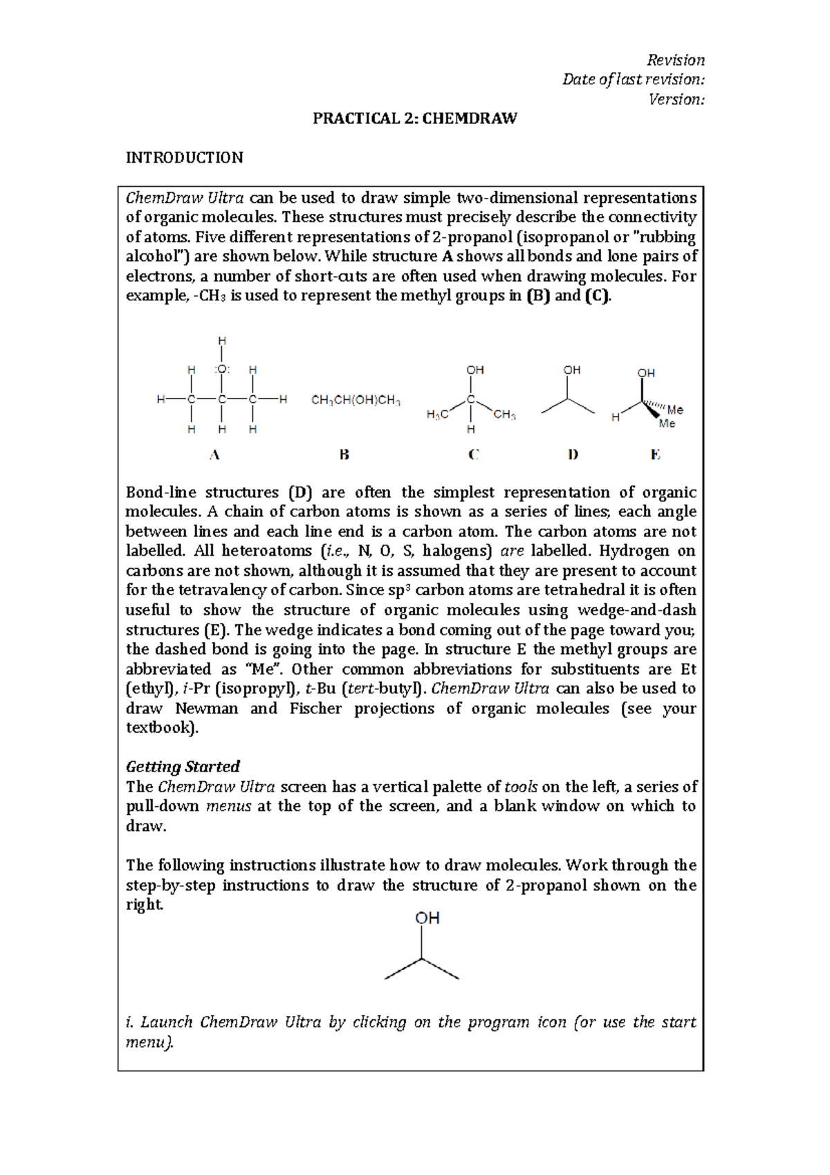 Practical 2 Chemdraw - Date of last revision: Version: PRACTICAL 2: CHEMDRAW INTRODUCTION ...