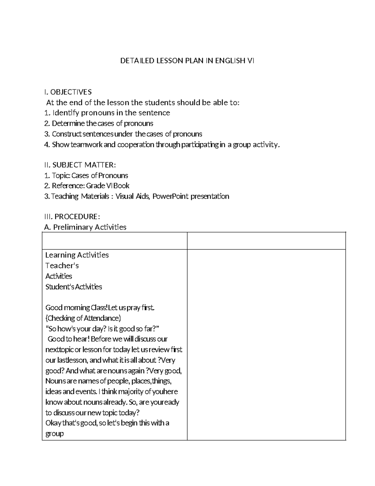 DETAILED LP IN ENGLISH - DETAILED LESSON PLAN IN ENGLISH VI I ...