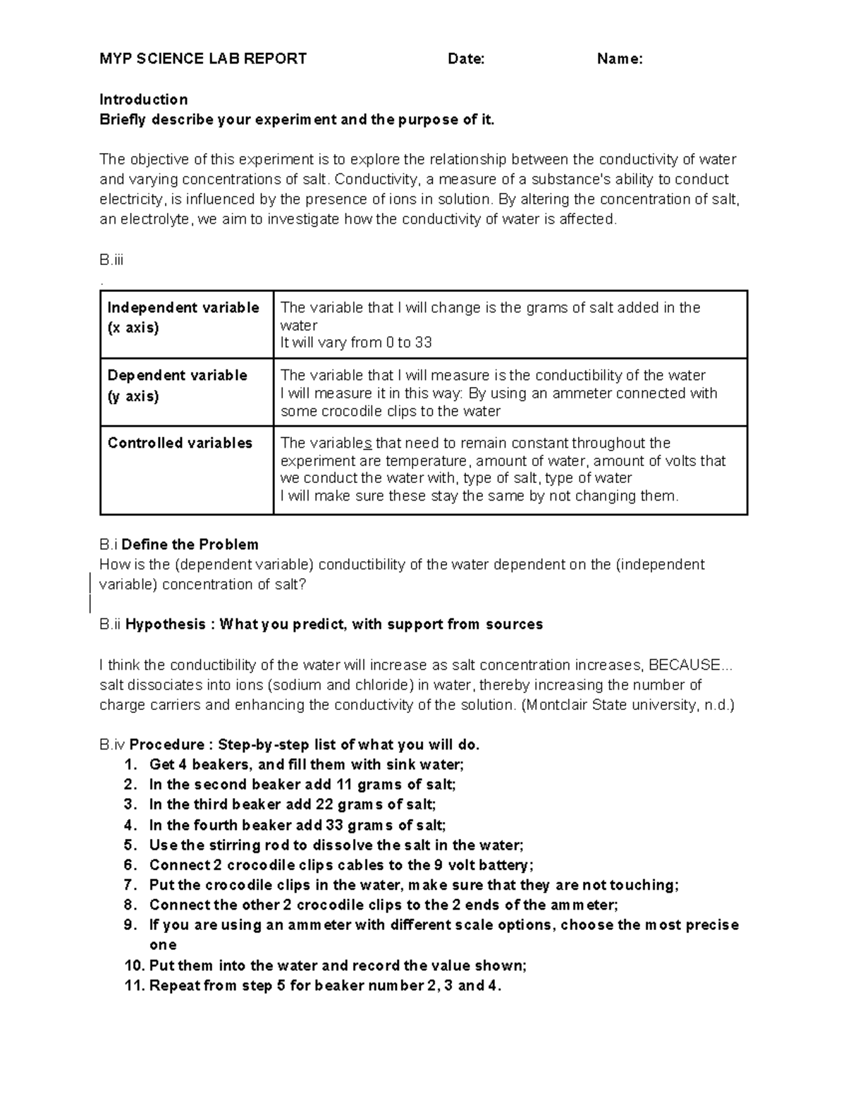 Lab report - conductivity and salt concentration - MYP SCIENCE LAB ...