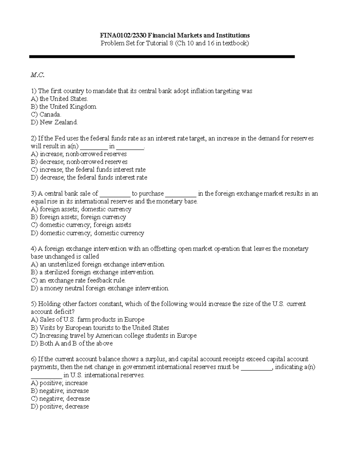 Tutorial 8 problem set - fina 2330 Financial Markets and Institutions ...