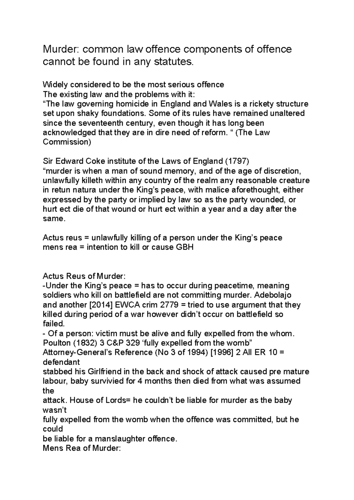 Murder - Widely considered to be the most serious offence The existing ...