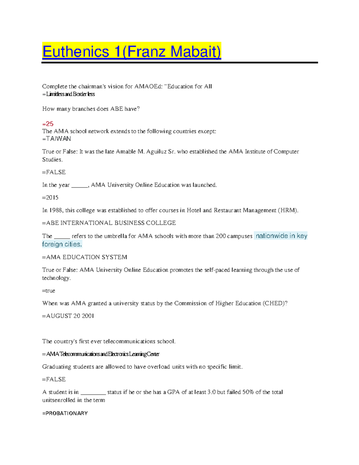 Euthenics final quiz 1 - 2 - Euthenics 1(Franz Mabait) Complete the ...