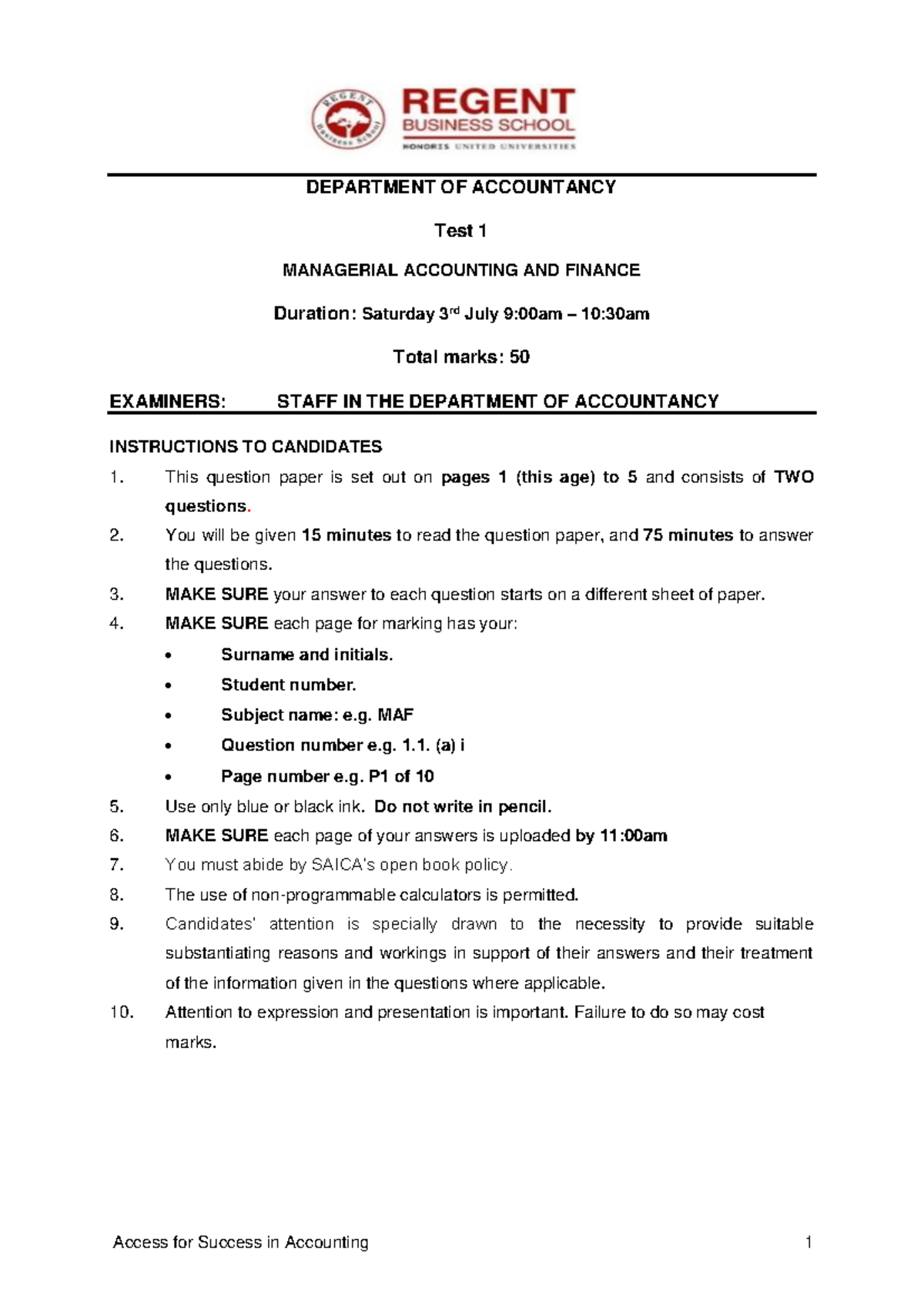 Access - MAF - Test 1 - Paper + Cover 2021 - DEPARTMENT OF ACCOUNTANCY ...