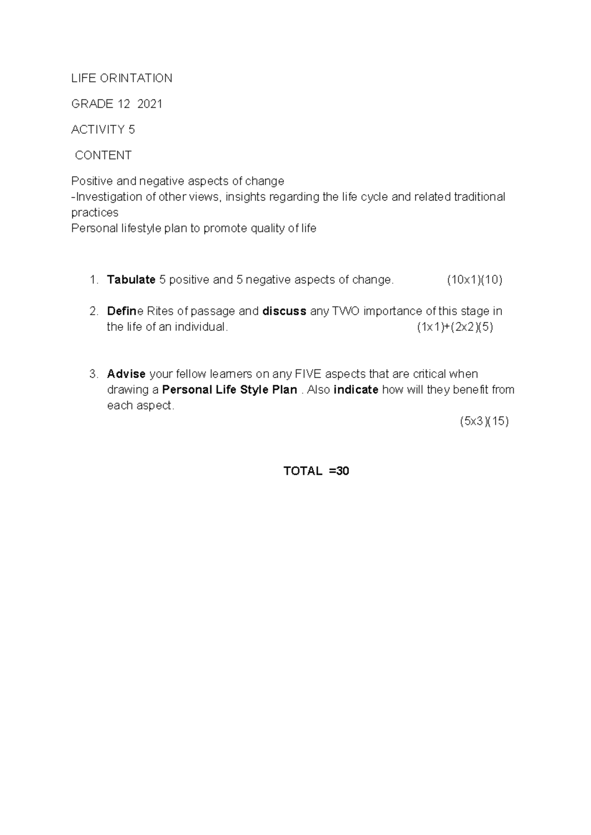 Grade 12 Activity 5-1 - LIFE ORINTATION GRADE 12 2021 ACTIVITY 5 ...