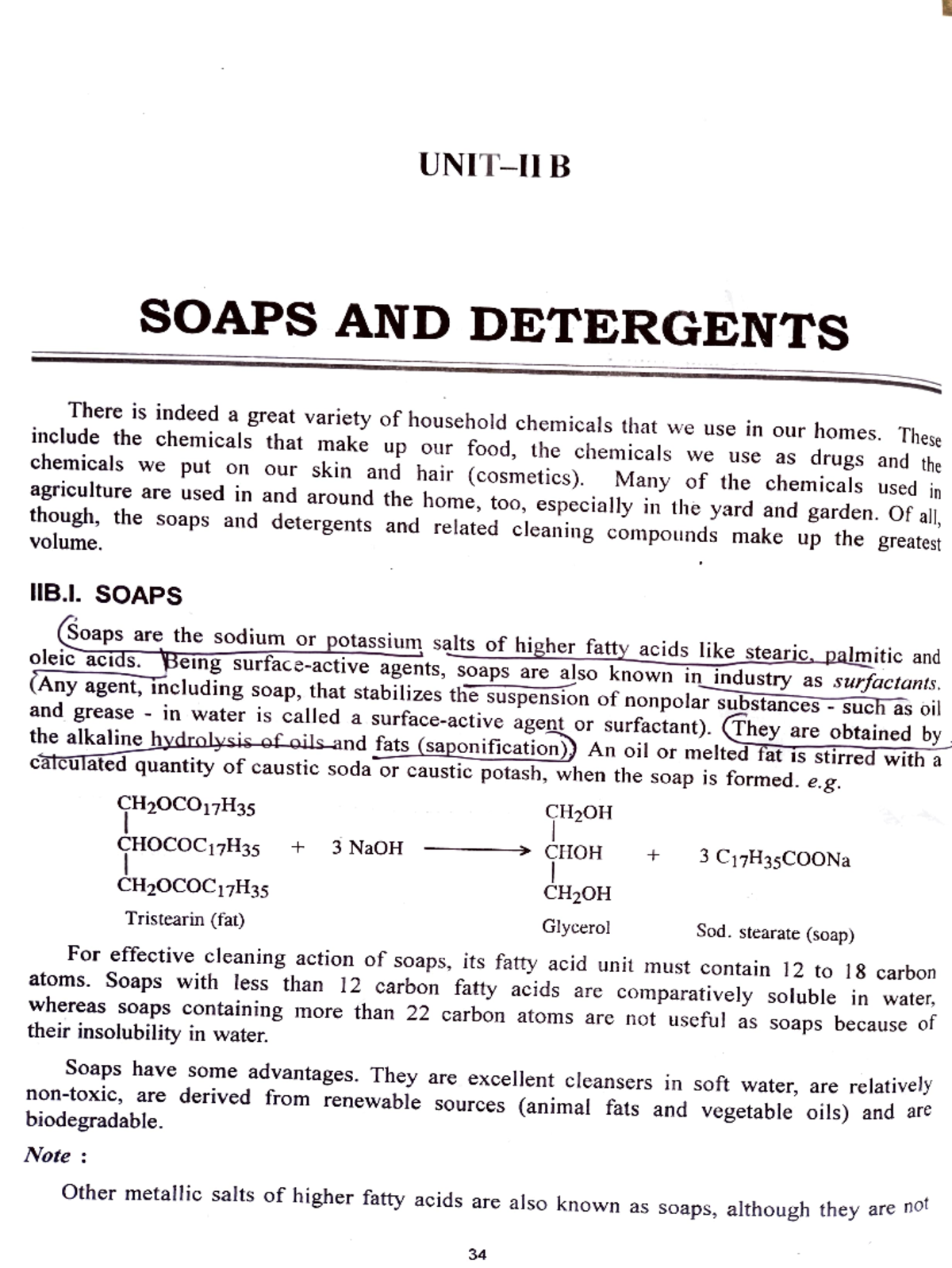 Unit 2 B Soaps And Detergents - UNIT-IlB SOAPS AND DETERGENTS There is ...