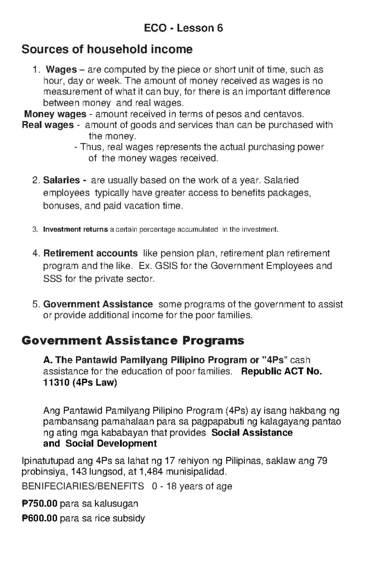 ECO- Lesson 6 - PRACRICE MATERIAL - ECO - Lesson 6 Sources of household ...