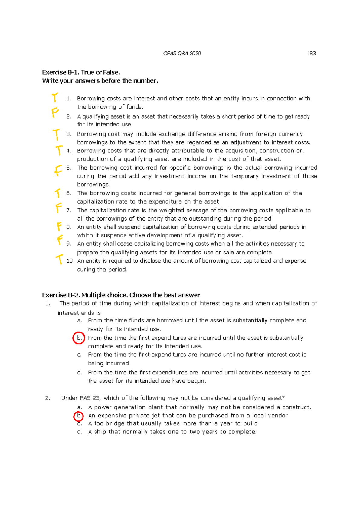 CFAS Chapter 8 Exercises - CFAS Q&A 2020 183 Exercise 8-1. True or False. Write your answers ...