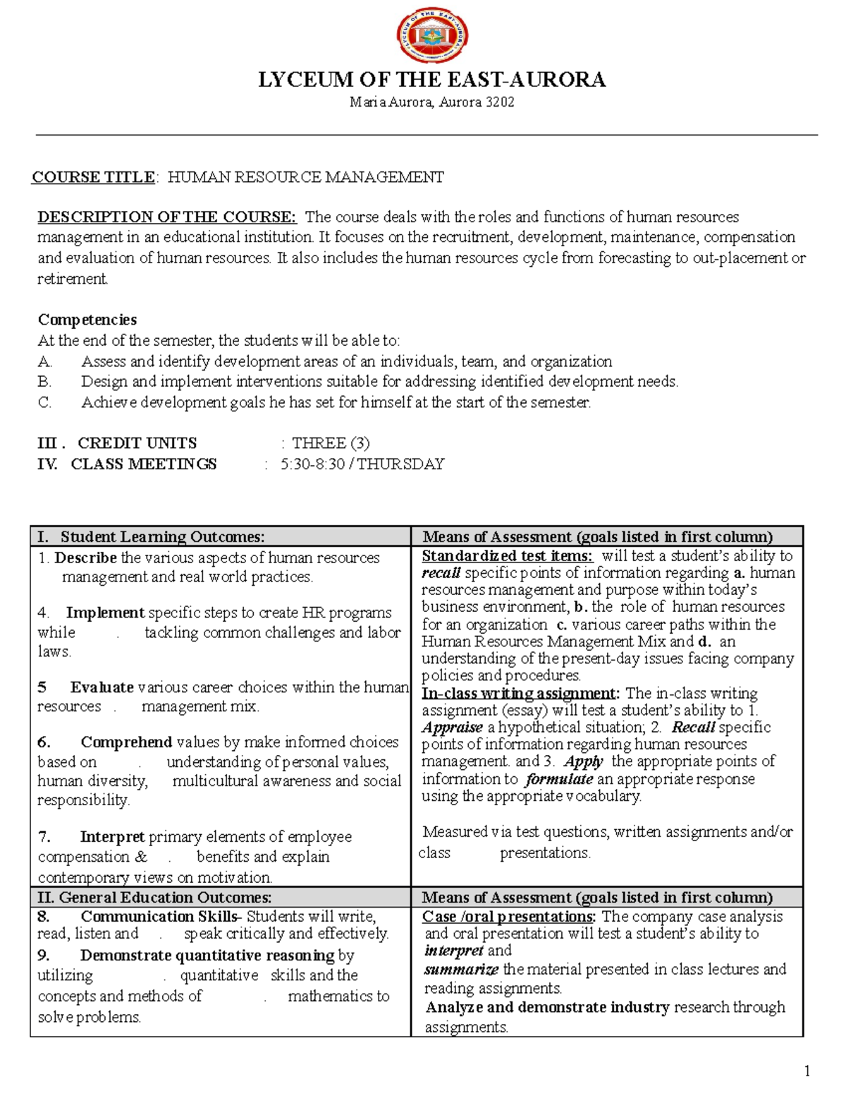 Syllabus ( Human Resource Management) - COURSE TITLE : HUMAN RESOURCE ...