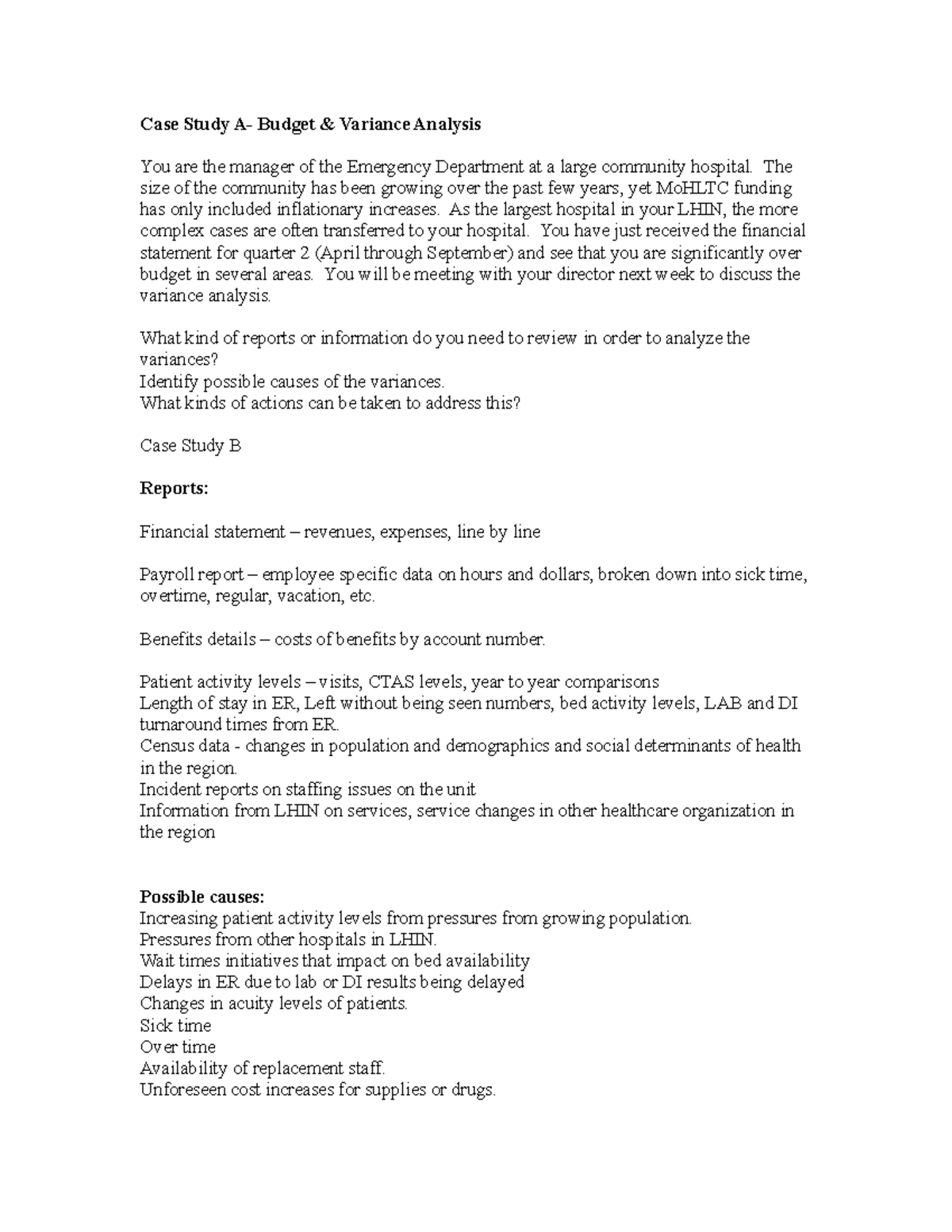 Lesson 10 Case Study Budget & Variance - Case Study A- Budget ...