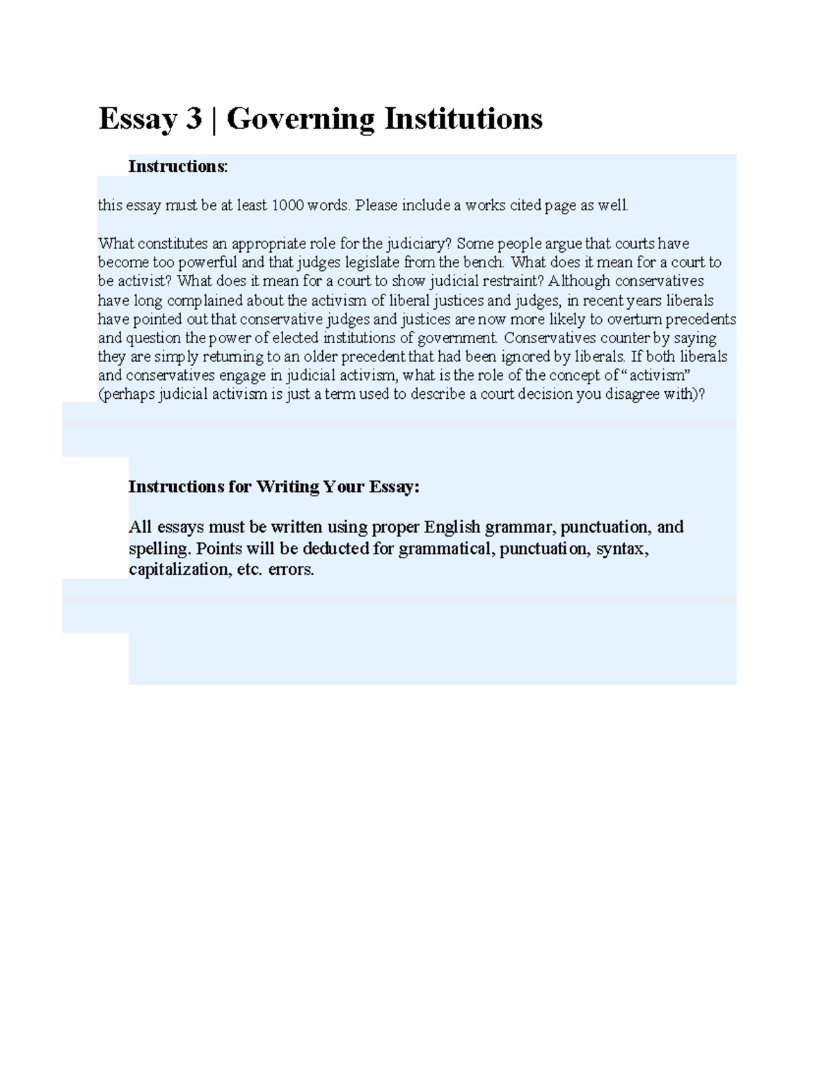 Instructions Essay 3 - this is my work - Essay 3 | Governing ...