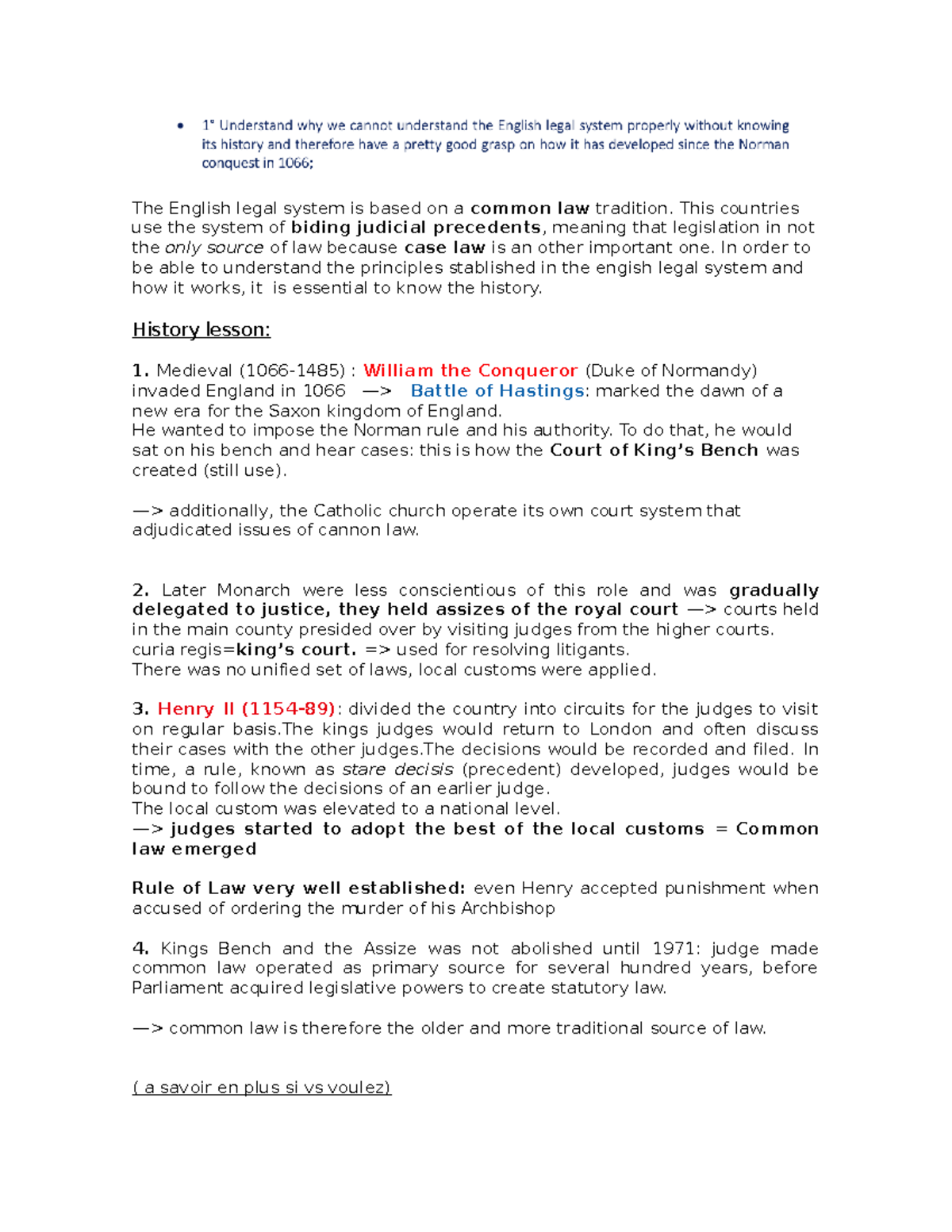 TD 1 ELS - English law history - The English legal system is based on a ...