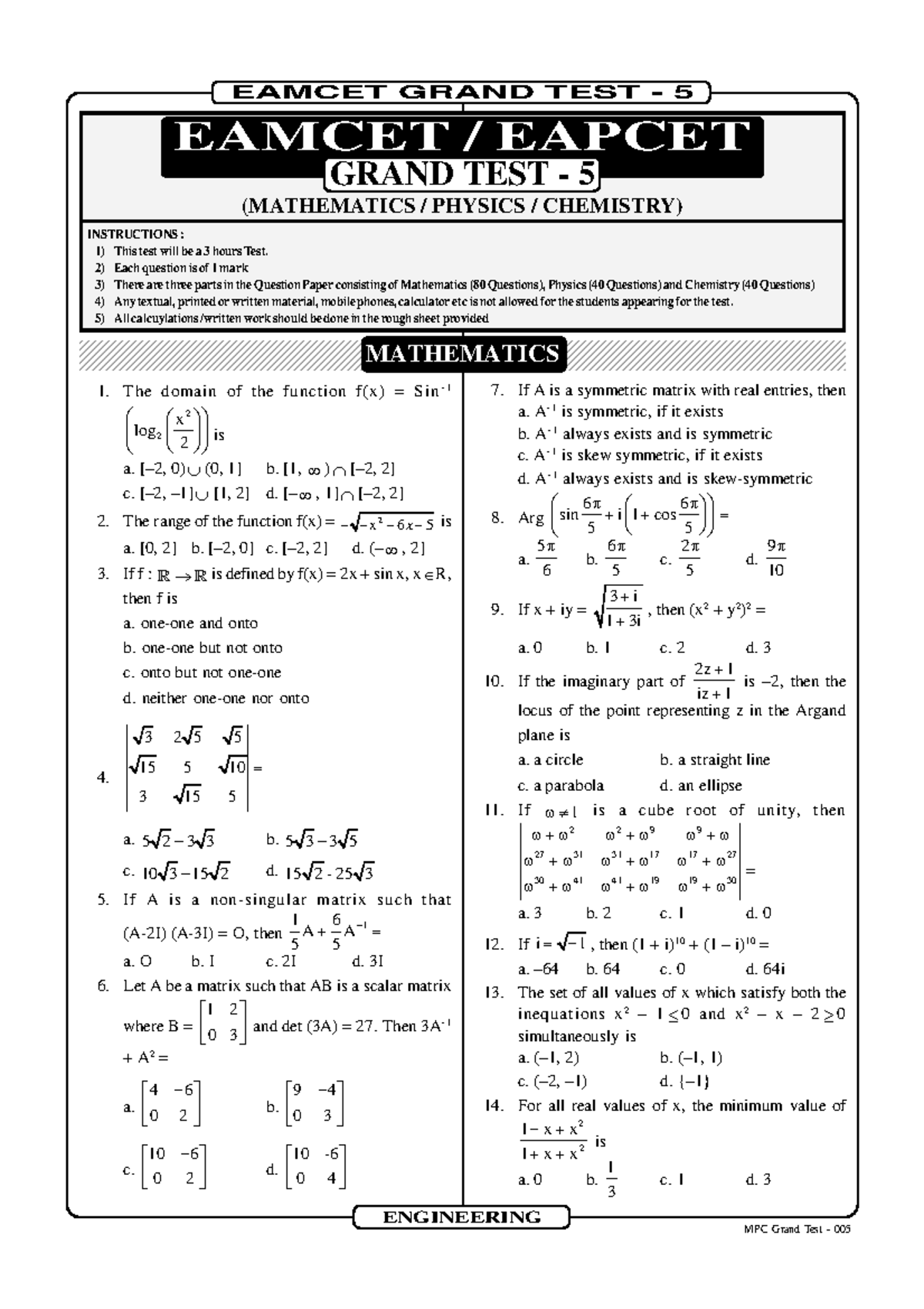 MPC Grand Test - 005 - ENGINEERING MATHEMATICS EAMCET / EAPCET ...