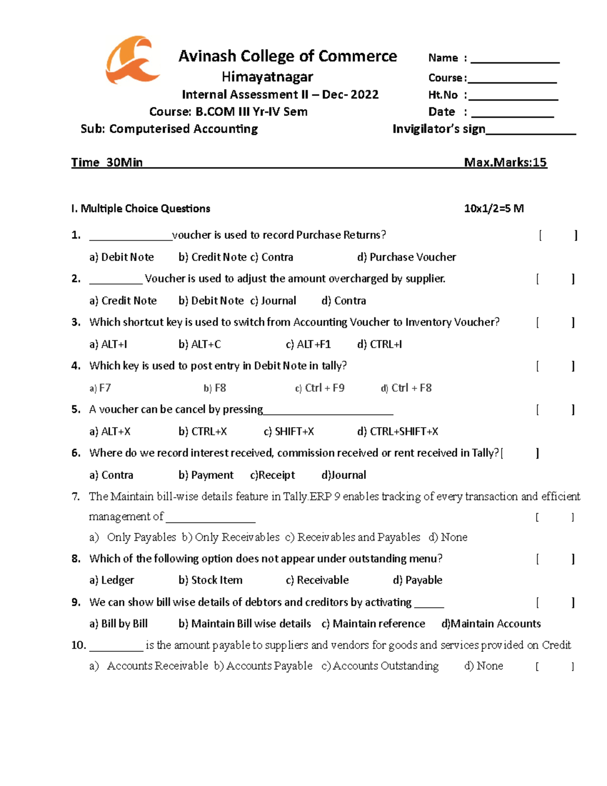 Internal exam QP Template - Avinash College of Commerce Name ...
