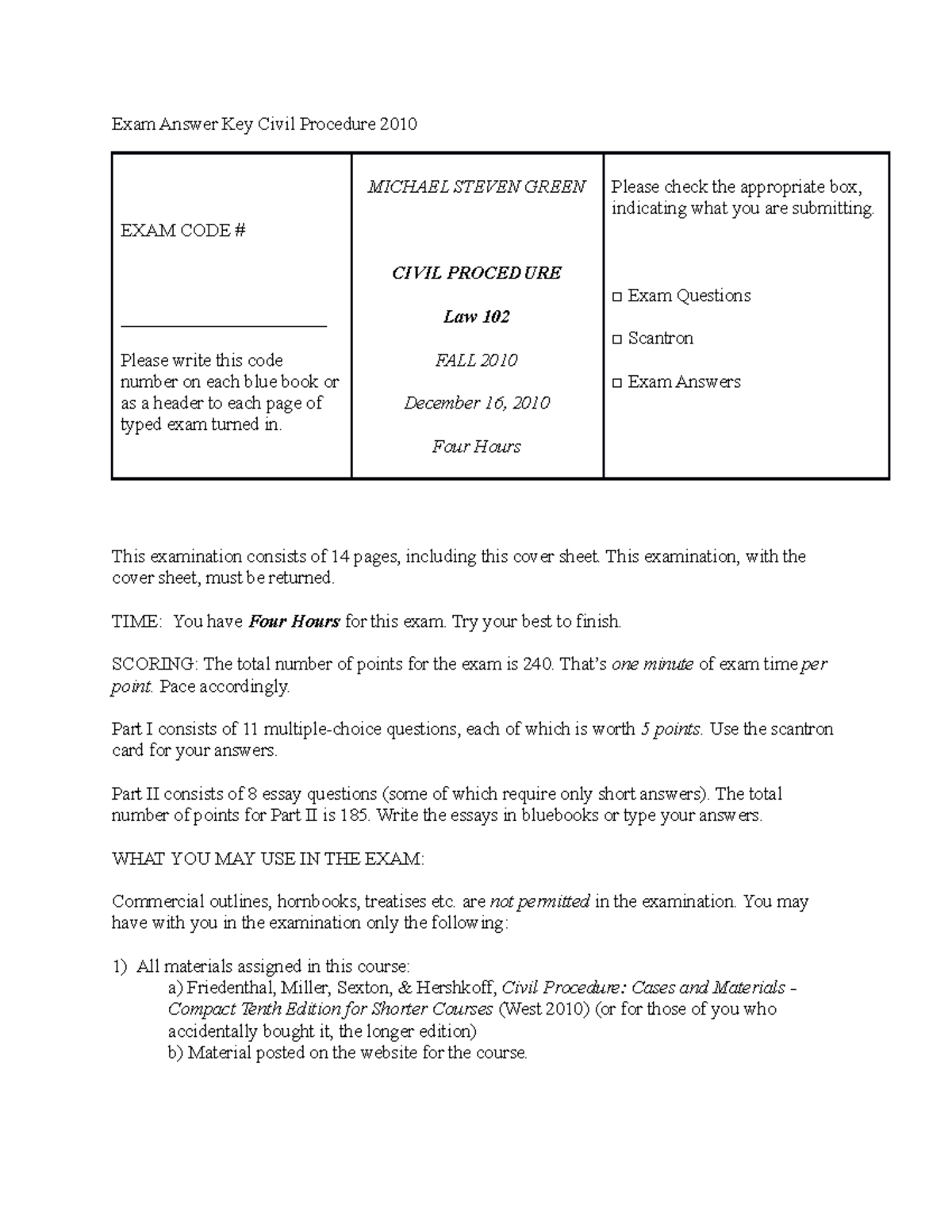 Exam Answer Key Civil Procedure 2010 - MICHAEL STEVEN GREEN CIVIL ...