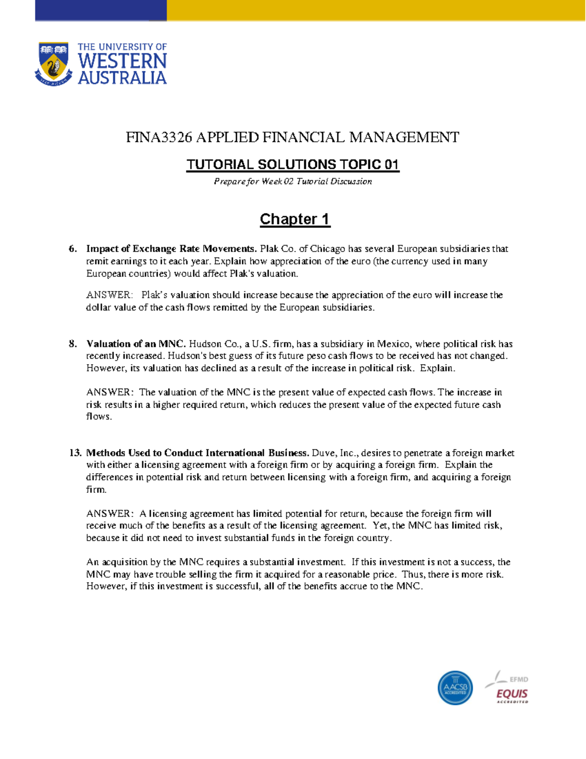 Tutorial Solutions 01 2022 - FINA3326 APPLIED FINANCIAL MANAGEMENT TUTORIAL SOLUTIONS TOPIC 01 ...