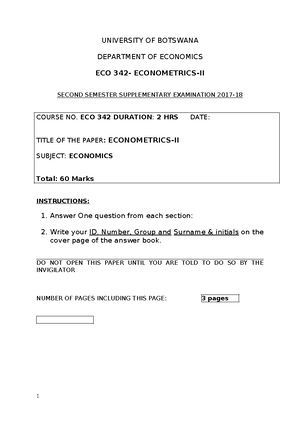ECO342 Tutorial Set1 - 1 | P a g e DEPARTMENT OF ECONOMICS ECONOMETRICS II 20 23 - 24 ECO342 ...