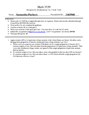 Homework 4- Math 3339 - Math 3339 Homework 4 (4, Chapter 5) Name