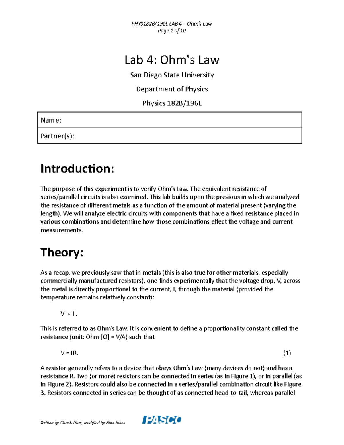 PHYS182B 196L LAB4 Ohms Law(1) - Page 1 of 10 Lab 4: Ohm's Law San ...