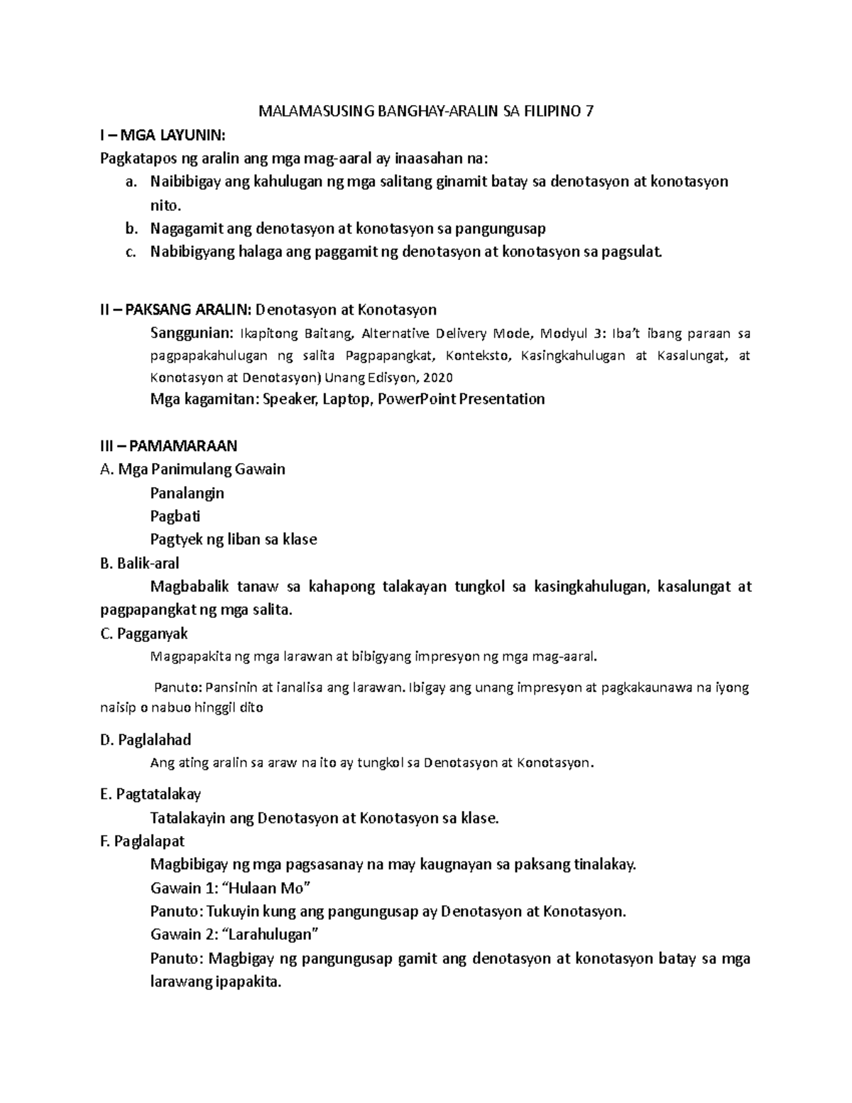 Deno at Kono Lesson Plan - MALAMASUSING BANGHAY-ARALIN SA FILIPINO 7 I ...