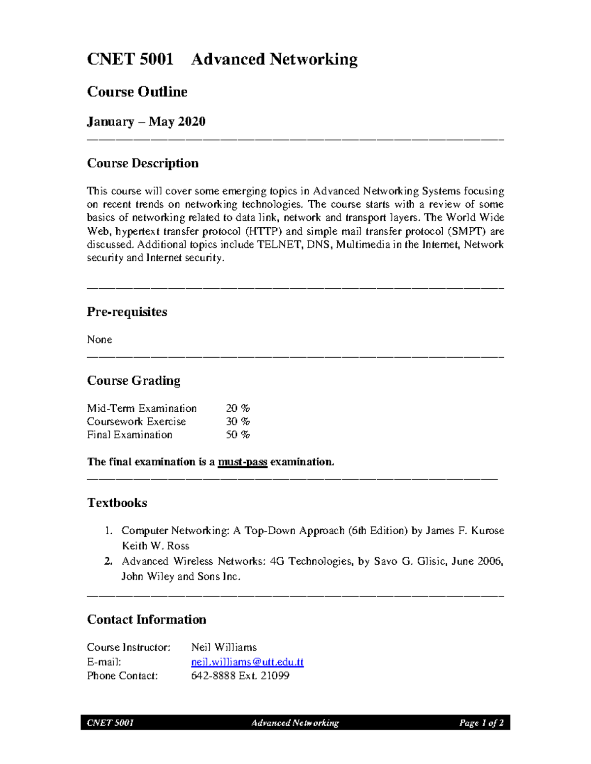 Cnet 5001 course outline stu jan 20 - CNET 5 001 Advanced Networking ...