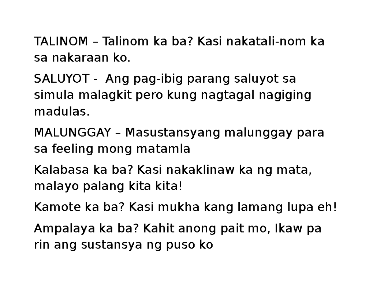Gulay hugot - notes - TALINOM – Talinom ka ba? Kasi nakatali-nom ka sa ...
