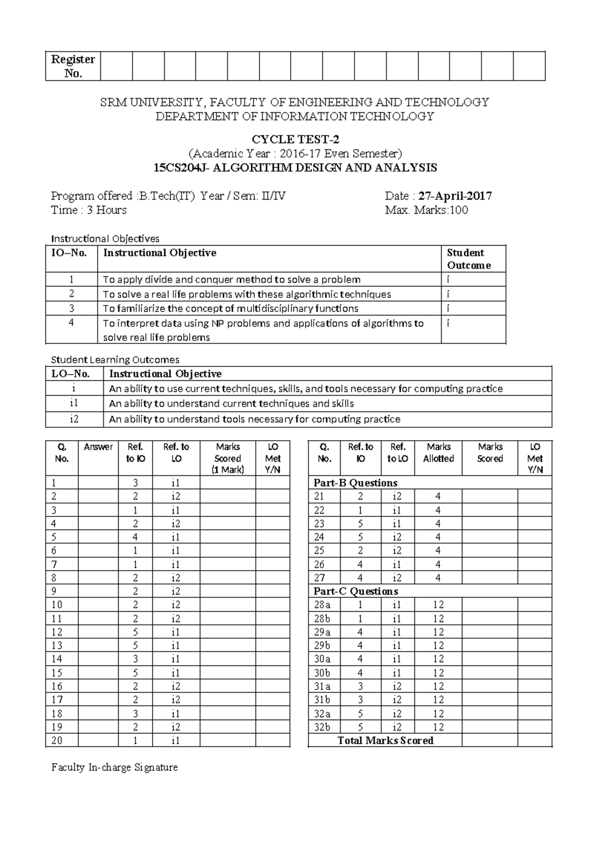 CT-2 Algorithm Design AND Analysis-CT2 - Register No. SRM UNIVERSITY, FACULTY OF ENGINEERING AND ...