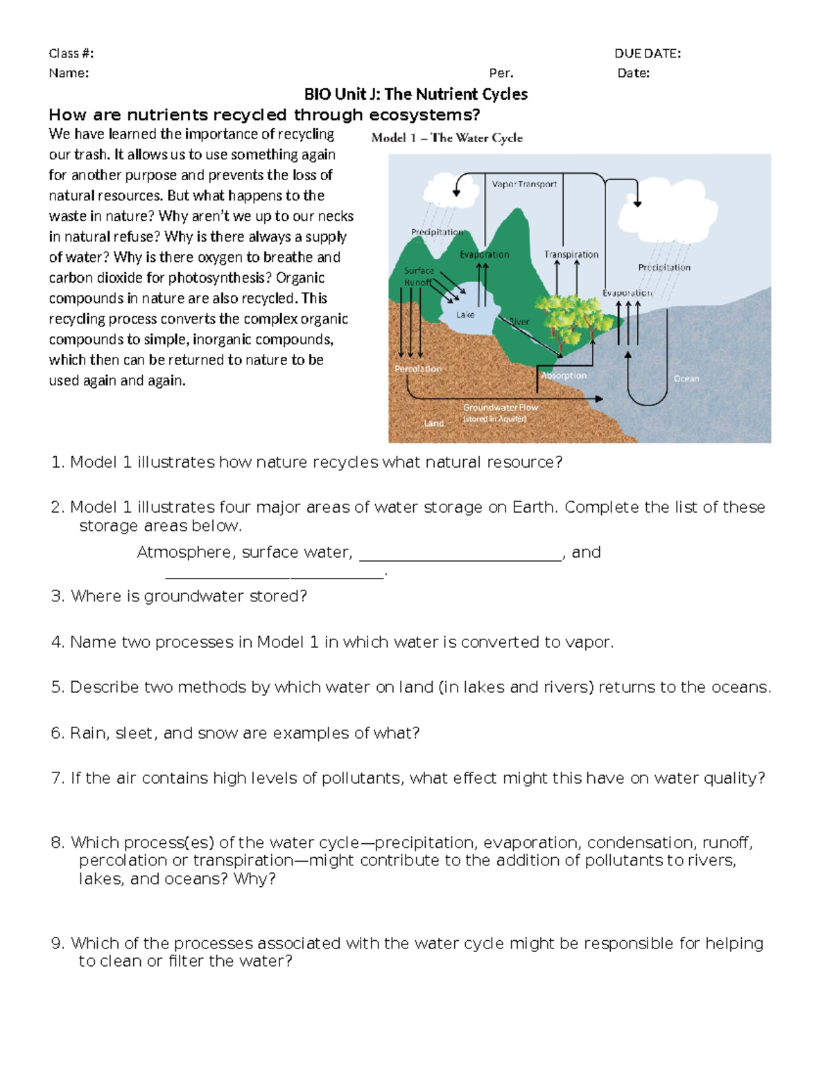 U J The Nutrient Cycles - Class #: DUE DATE: Name: Per. Date: BIO Unit ...
