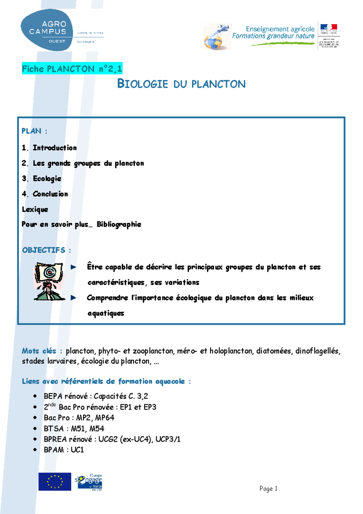 COURS Planctons - Fiche PLANCTON n°2, BIOLOGIE DU PLANCTON PLAN : 1 ...