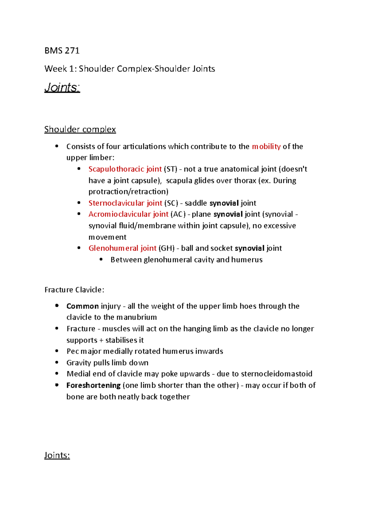 Shoulder Joints - BMS 271 Week 1: Shoulder Complex-Shoulder Joints ...
