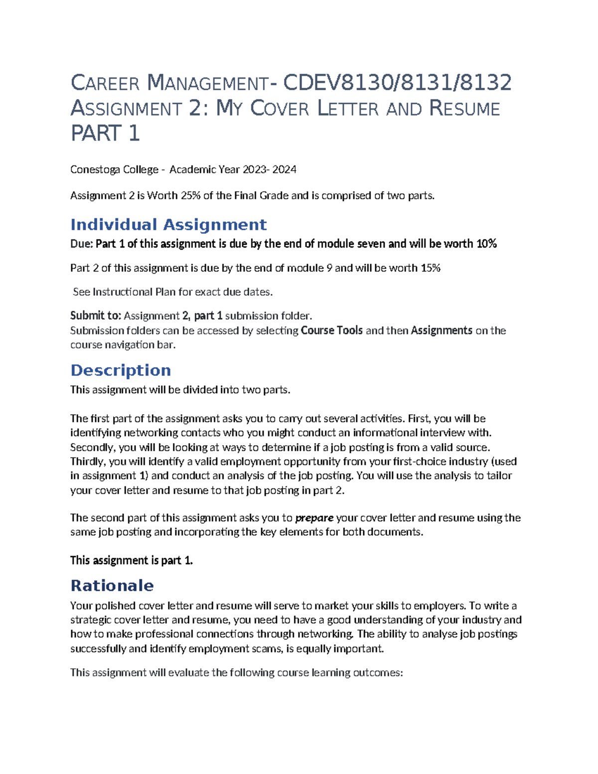 CDEV8130 Career Management-Assignment 2 Part1 My Cover Letter Resume ...
