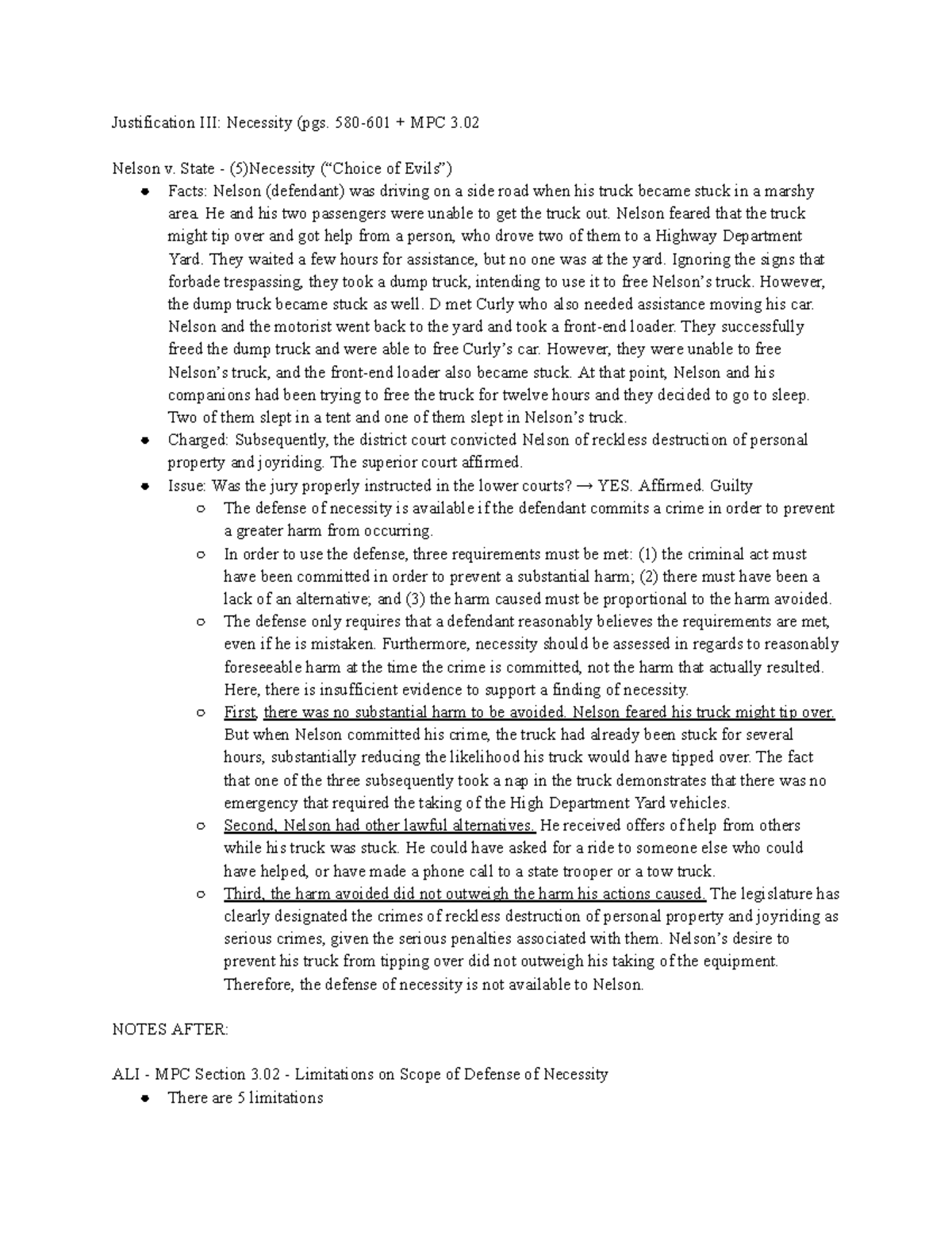 Justification III Necessity - 580-601 + MPC 3. Nelson v. State - (5 ...
