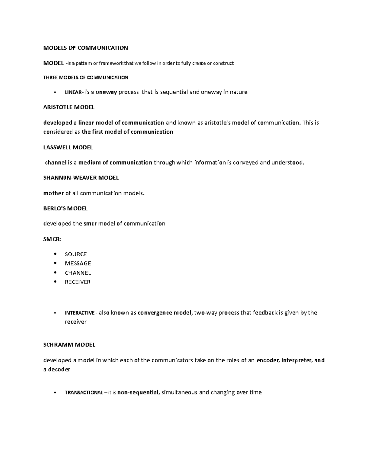 ORAL COM Reviewer (NOT Complete) - MODELS OF COMMUNICATION MODEL - is a ...