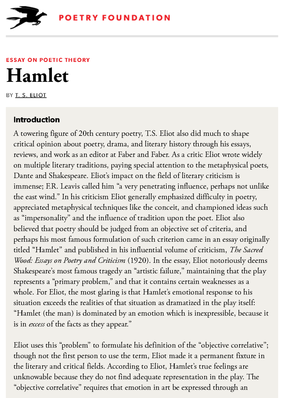 Hmalet Eliot - hamlet reading - E S S AY O N P O E T I C T H E O R Y Hamlet BY T. S. EL IOT ...