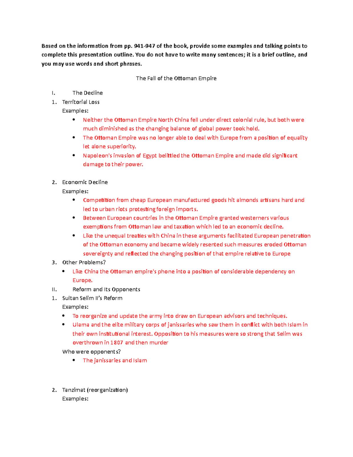 The Fall of the Ottoman Empire-outline - Based on the information from ...