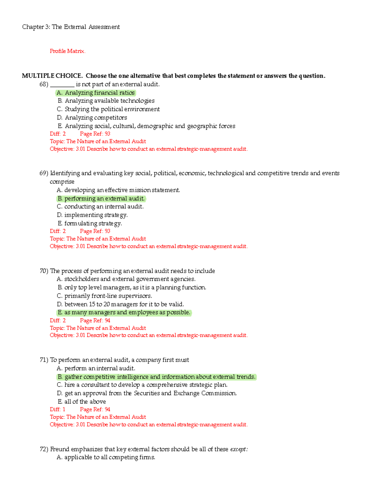 Chapter external analysis MCQ - Chapter 3: The External Assessment Profile Matrix. MULTIPLE ...