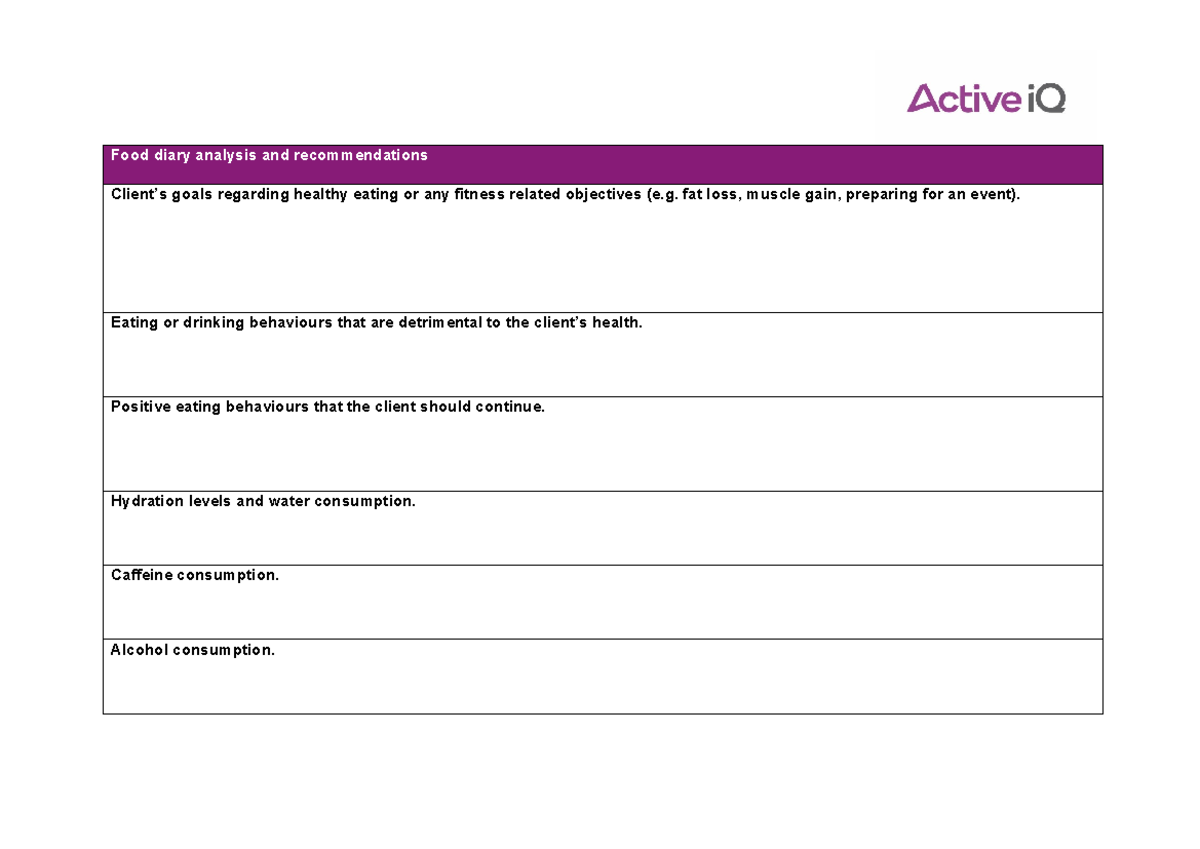 Food diary analysis template 1 - Food diary analysis and ...