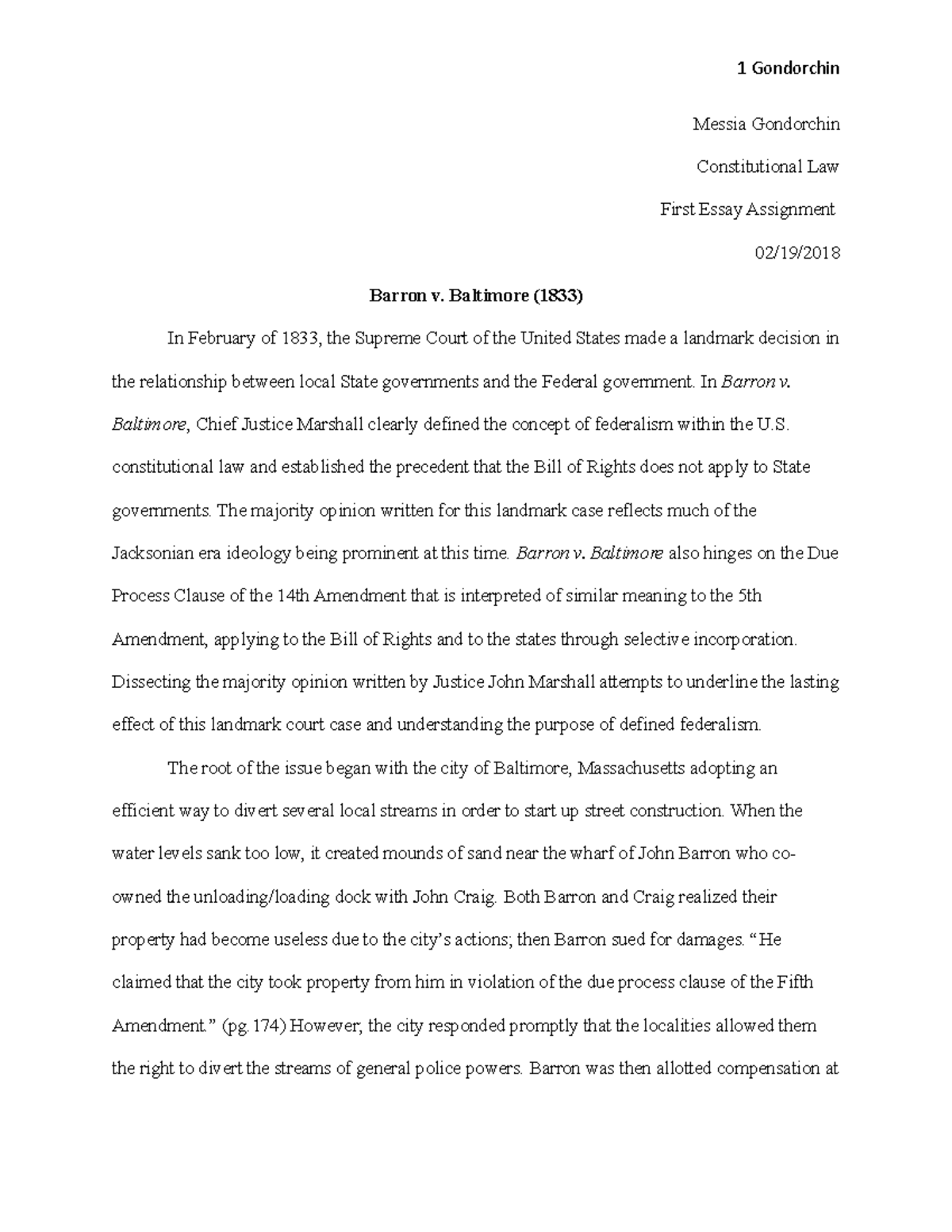 Barron v. Baltimore - In February of 1833, the Supreme Court of the ...
