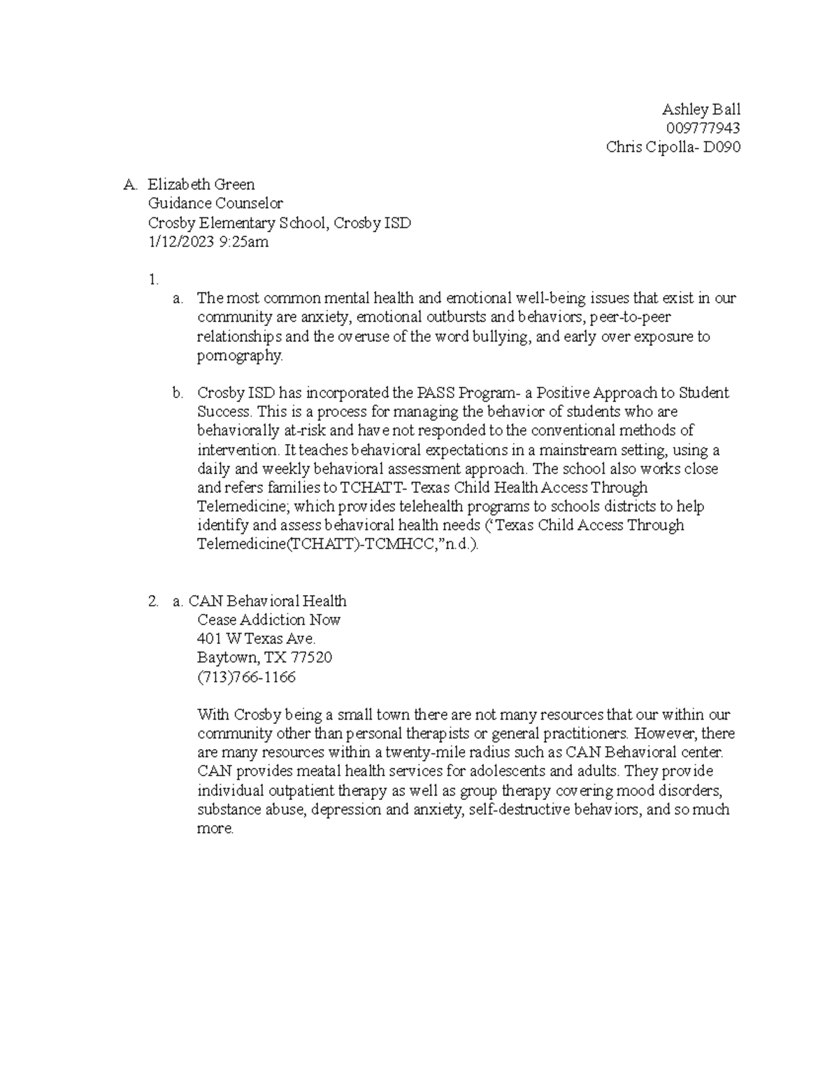 D090 Task3 - Task 3 - Ashley Ball 009777943 Chris Cipolla- D A ...