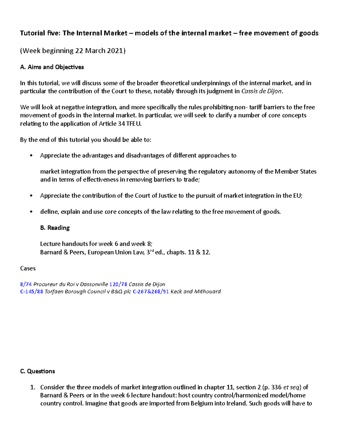 Tutorial five- The Internal Market – models of the internal market ...